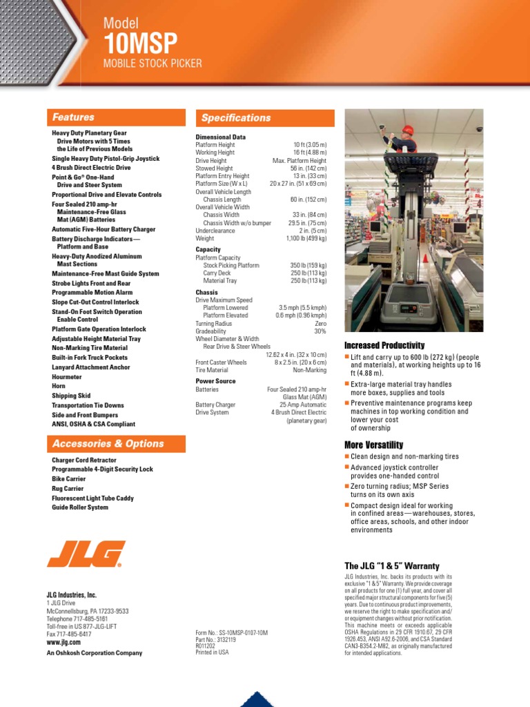 10MSP Mobile Stock Picker Spec Sheet | PDF | Forklift | Transport