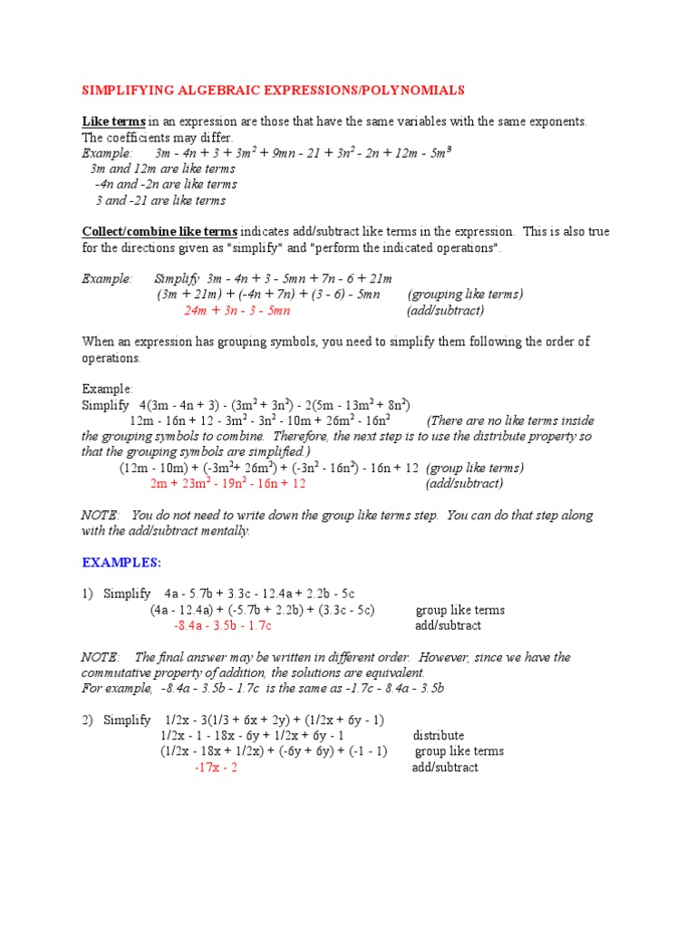Simplifying Algebraic Expressions | PDF | Bracket | Polynomial