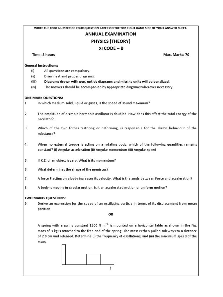 Annual Examination Physics (Theory) Code - B: Time: 3 Hours Max. Marks: 70 | PDF | Rotation ...