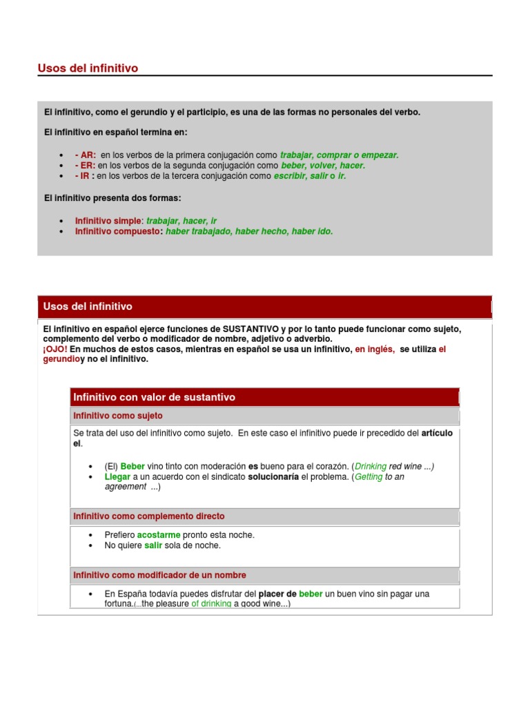 Usos del Infinitivo en Español | PDF | Asunto (gramática) | Sustantivo