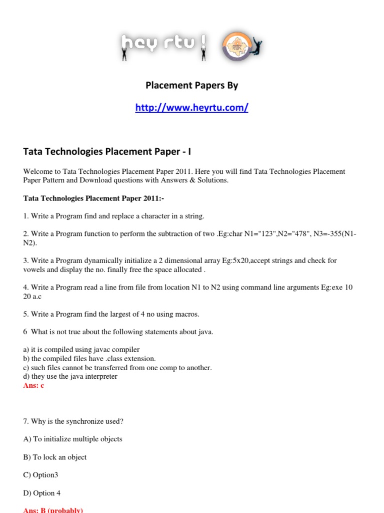 Placement Papers By: Tata Technologies Placement Paper 2011 | PDF | C (Programming Language ...