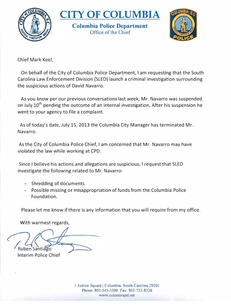 Interim Police Chief Santiago & Mayor Benjamin Letters Requesting SLED ...