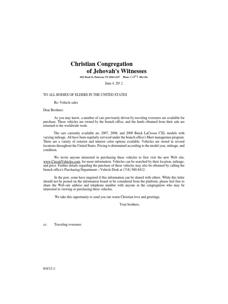 Christian Congregation of Jehovah's Witnesses: 2821 Rouit 22. Patterson ...