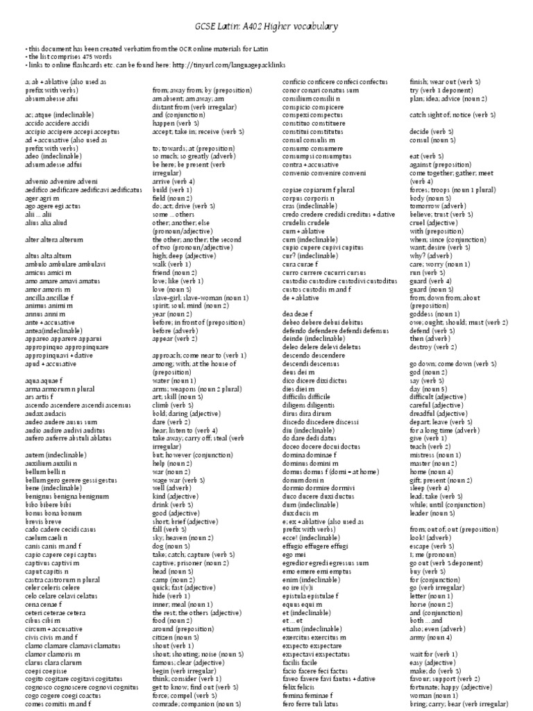 GCSE Latin: A402 Higher vocabulary