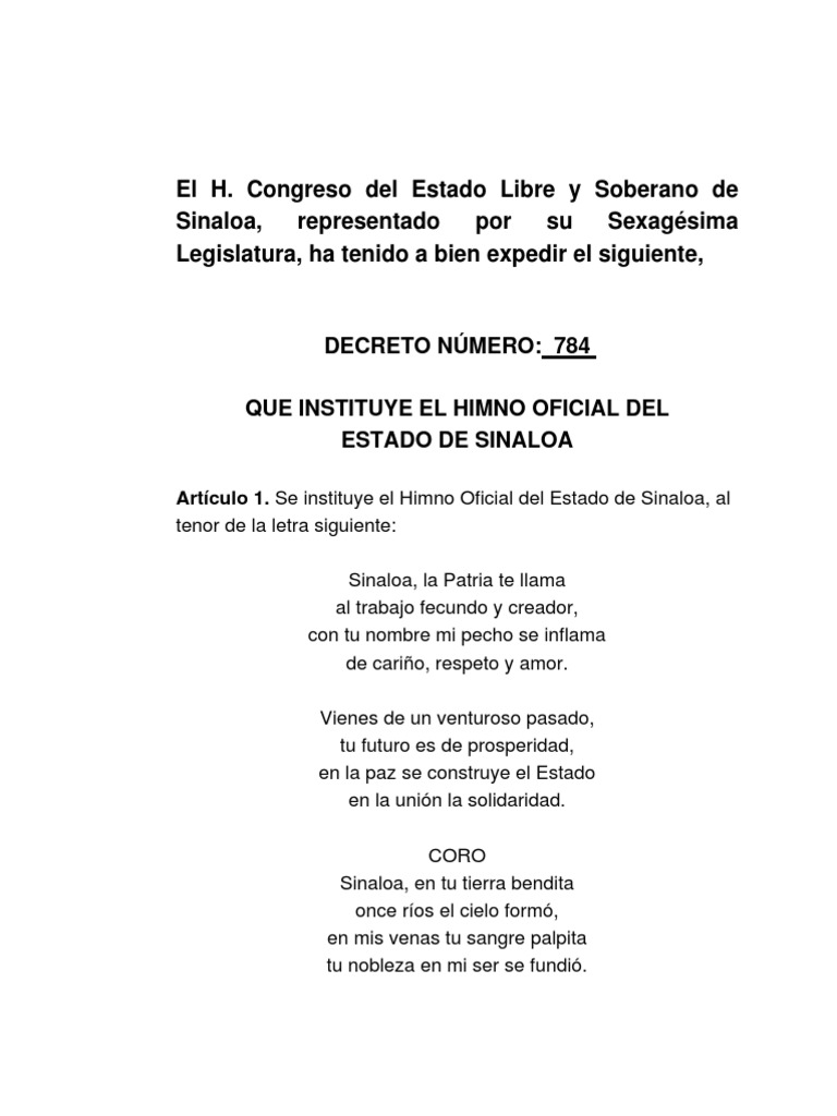 Himno Oficial Del Estado de Sinaloa2 PDF | PDF | Nobleza | Estado de ...