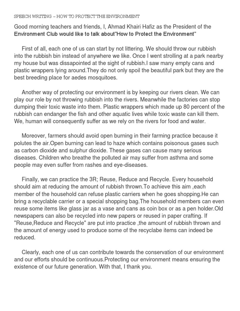 Speech Writing - How To Protect The Environment | PDF