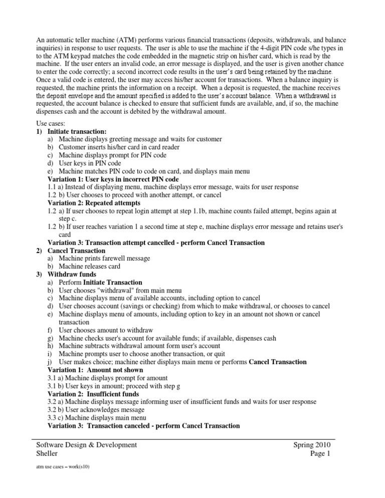 Software Design & Development Spring 2010 Sheller: Atm Use Cases - Work (s10) | PDF | Automated ...