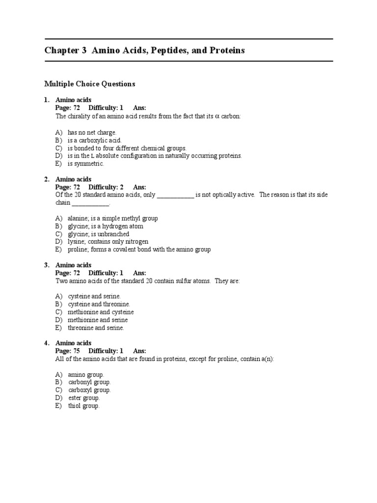 Chapter 3 Amino Acids, Peptides, and Proteins: Multiple Choice ...