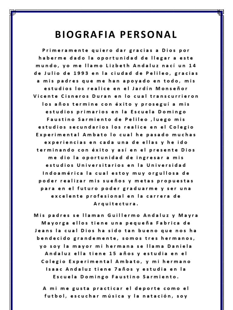 Ejemplo De Biografia Personal , La biografía (tipos, partes, ejemplos y ...