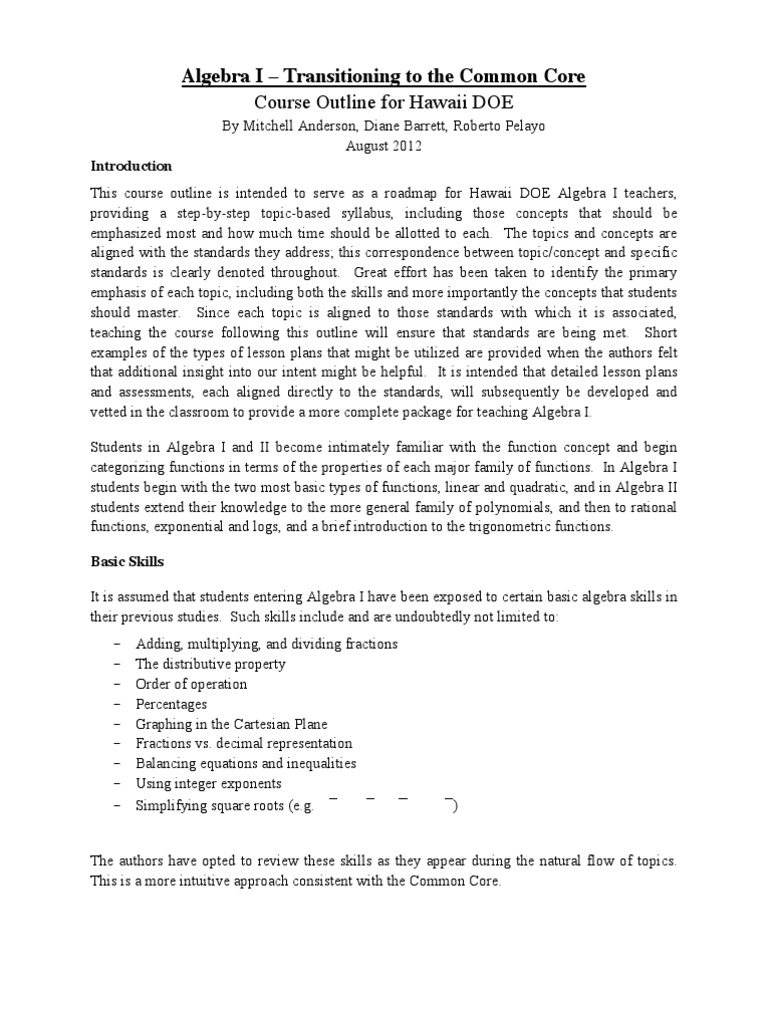 Algebra I Course Outline for Common Core | PDF | Quadratic Equation ...