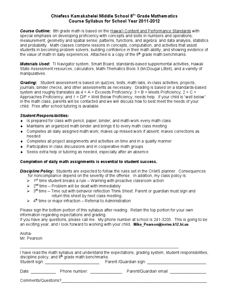 8th Grade Math Syllabus - 2011-12 | PDF | Common Core State Standards ...