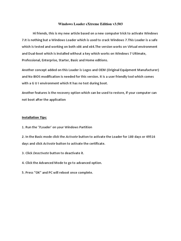 Windows Loader Extreme Edition v3.503 | PDF