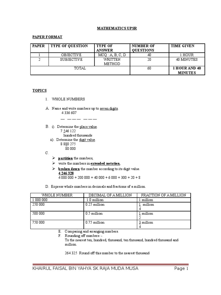 Mathematics Upsr Paper Format Paper Type of Question Type of Answer ...