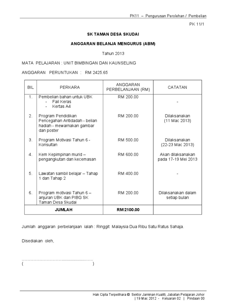 Borang PK 11 1 Anggaran Perbelanjaan | PDF