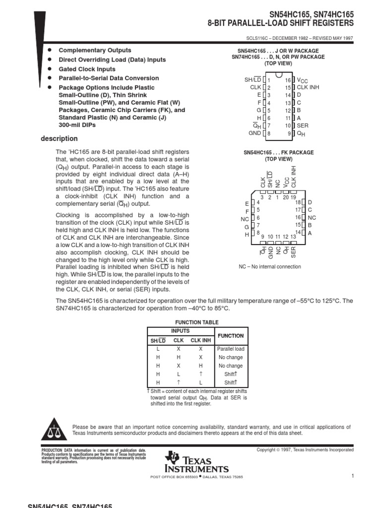 D D D D D: SN54HC165, SN74HC165 8-Bit Parallel-Load Shift Registers ...