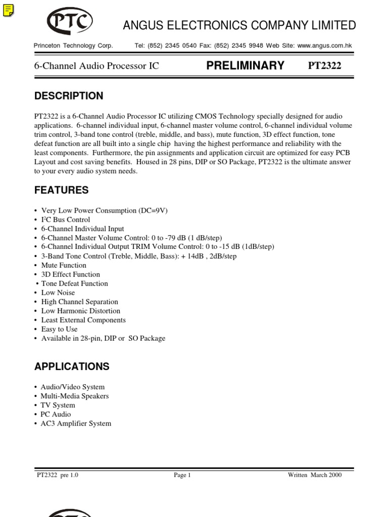 6-Channel Audio Processor IC PT2322 | PDF