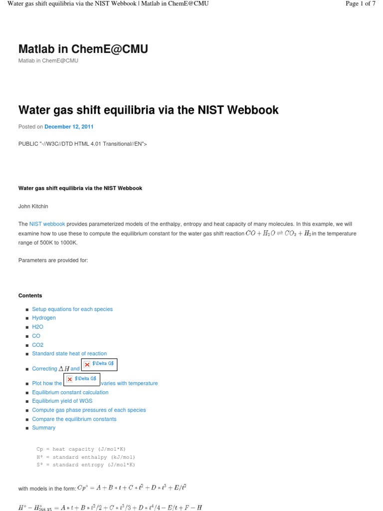 Water Gas Shift Equilibria Using NIST Webbook and Matlab | PDF ...