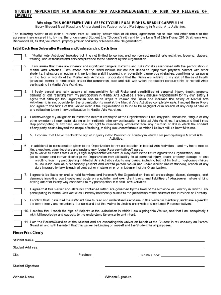 Martial Arts Waiver | Negligence | Indemnity