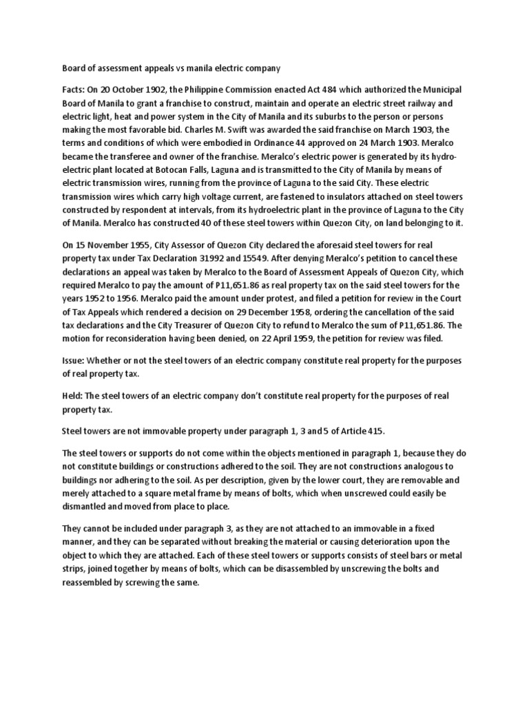 Board of Assessment Appeals Vs Manila Electric Company | PDF | Government