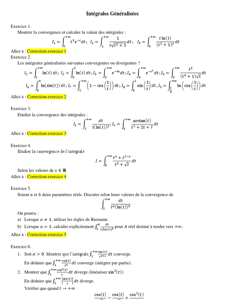 Exercices Corriges Integrales Generalisees
