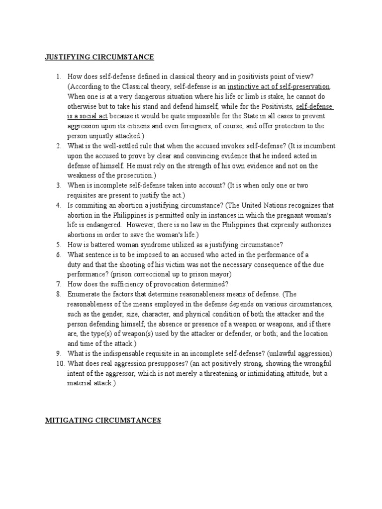 Justifying and Mitigating Circumstances | Self Defense | Criminal Justice