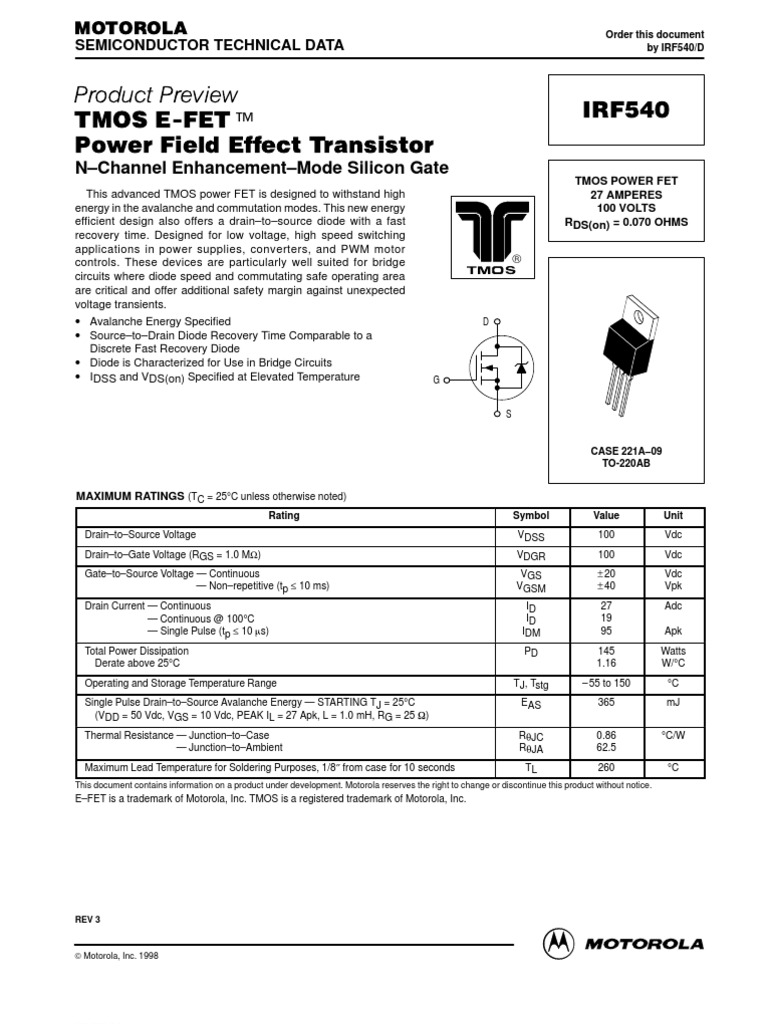 Irf540 (27a) | PDF | Field Effect Transistor | Electromagnetism