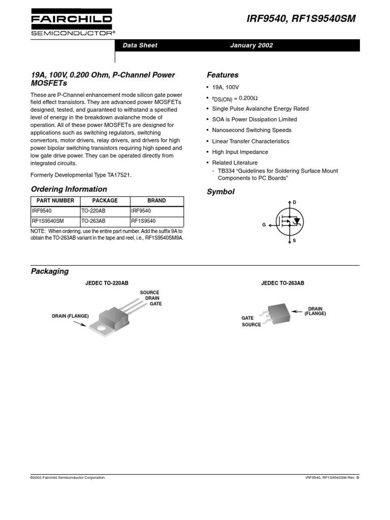 IRF9540, RF1S9540SM: 19A, 100V, 0.200 Ohm, P-Channel Power Mosfets ...