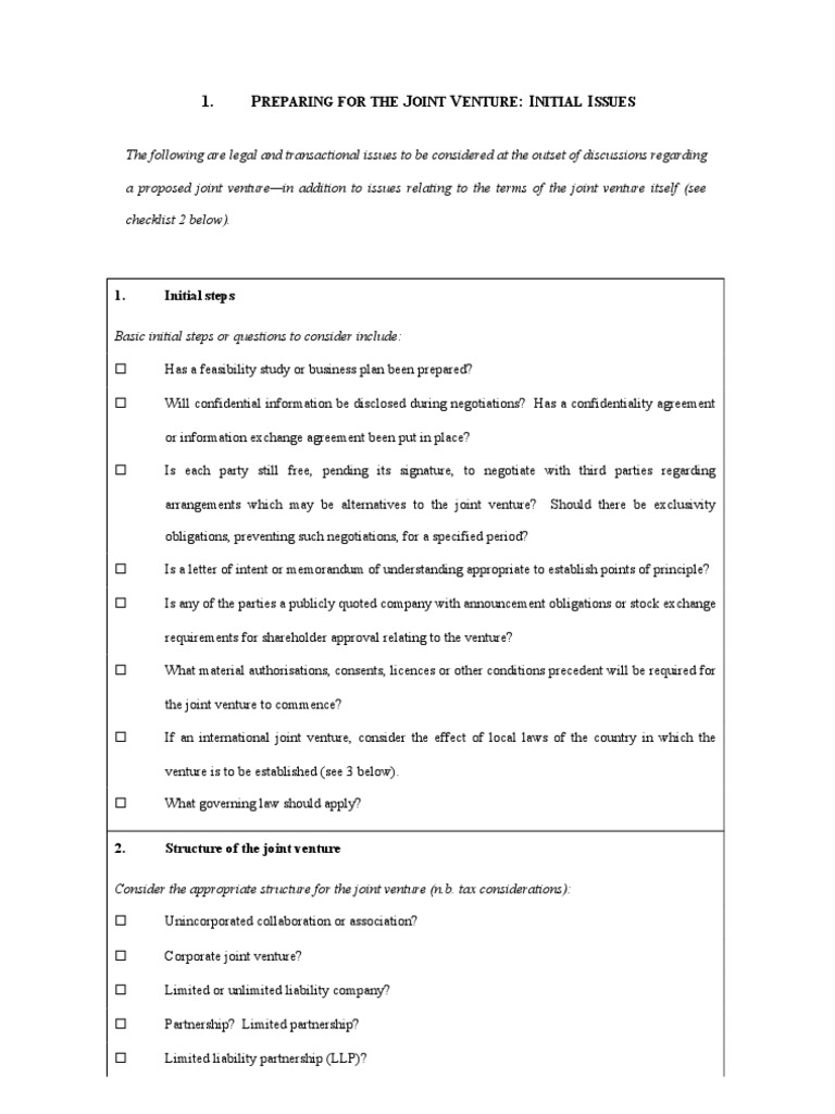 Joint Ventures Checklist | PDF | Joint Venture | Partnership