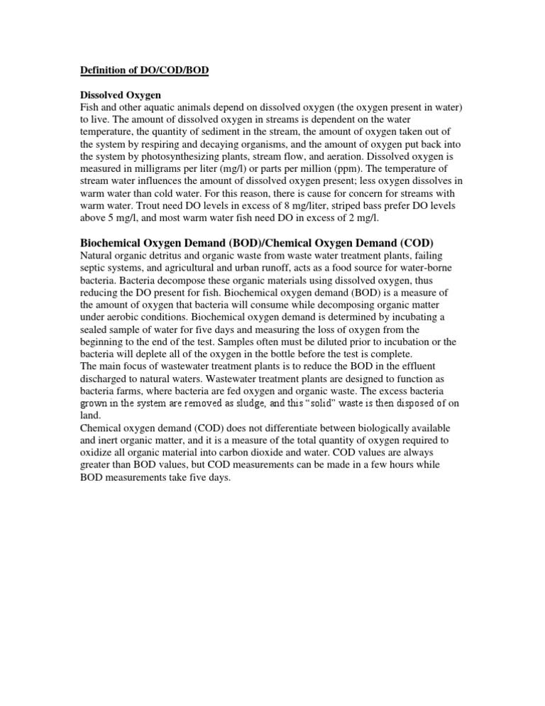 Definition of DO, BOD and COD | PDF | Sewage Treatment | Environmental Science