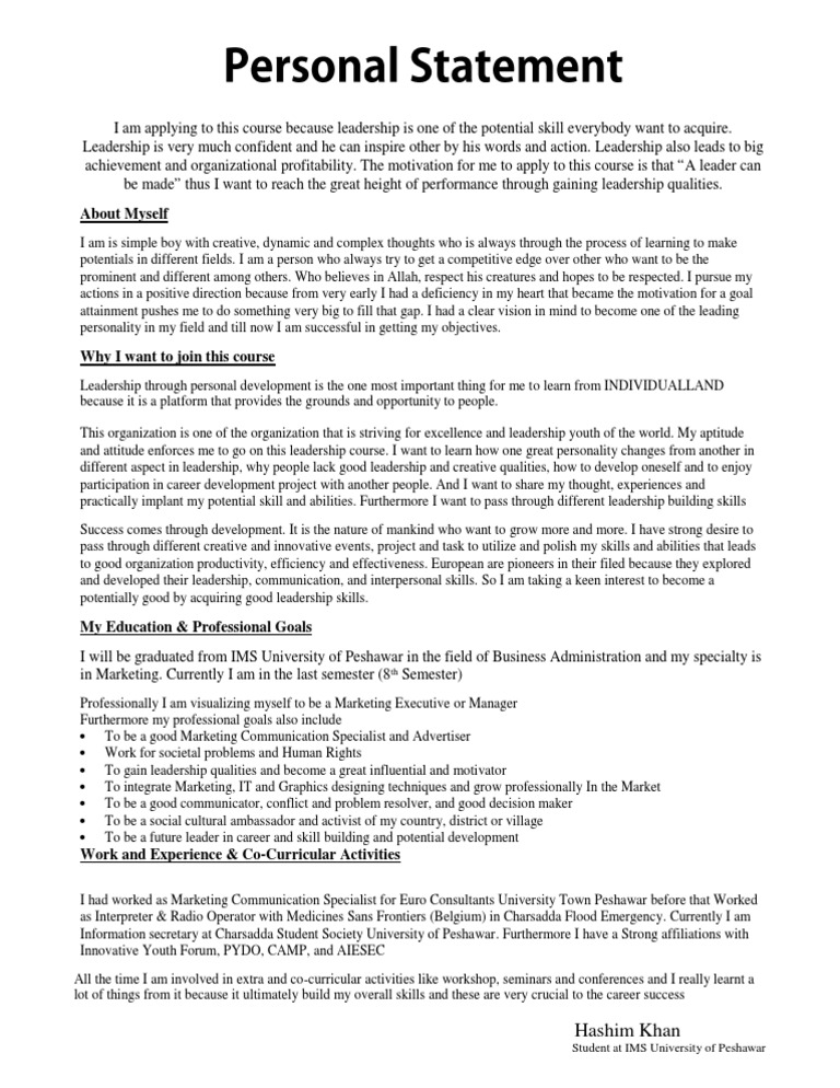 Personal Leadership Statement for Course | PDF | Marketing ...