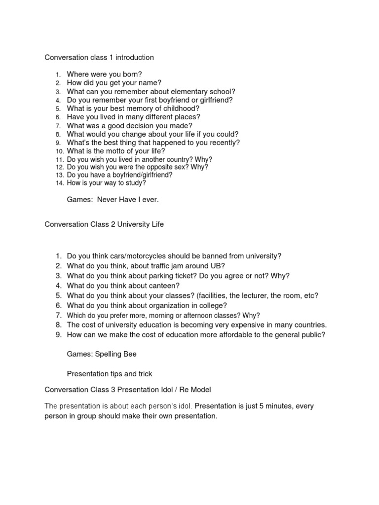 Conversation Class Activities Overview | PDF | Games & Activities