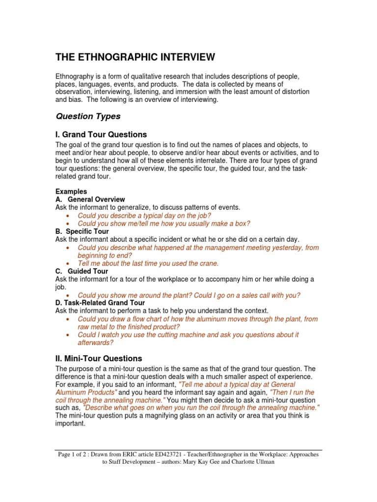 Ethnographic Interview Techniques Guide | PDF | Ethnography | Interview
