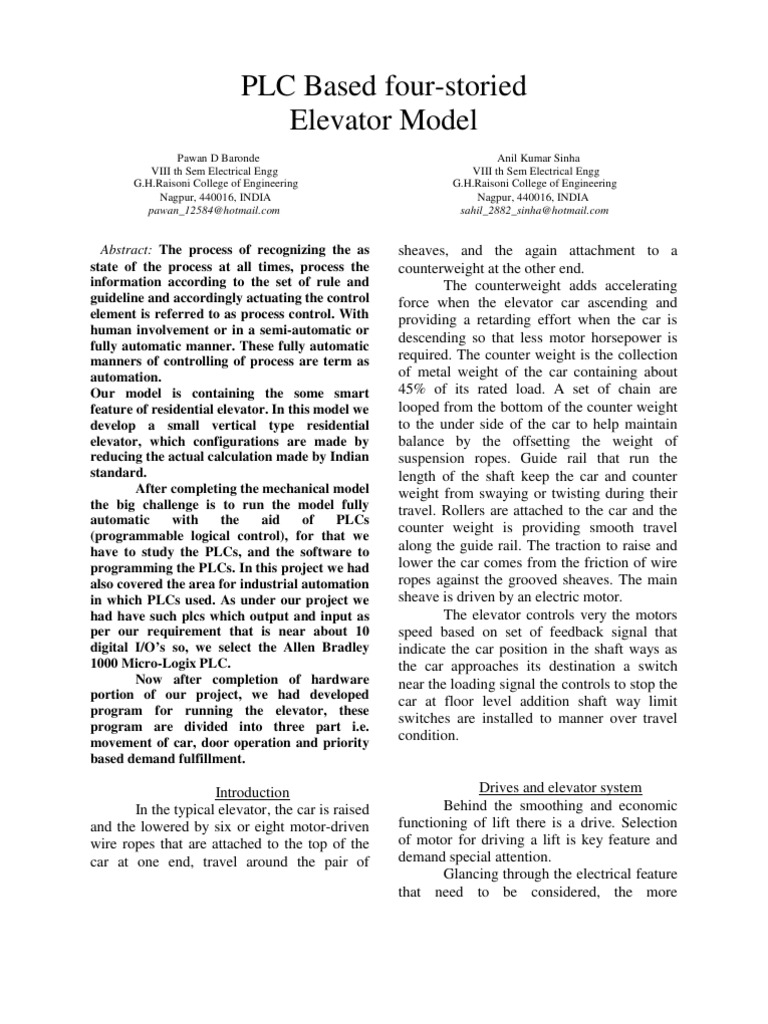 PLC Based Elevator Model Collage Project 2006 | PDF | Elevator | Programmable Logic Controller