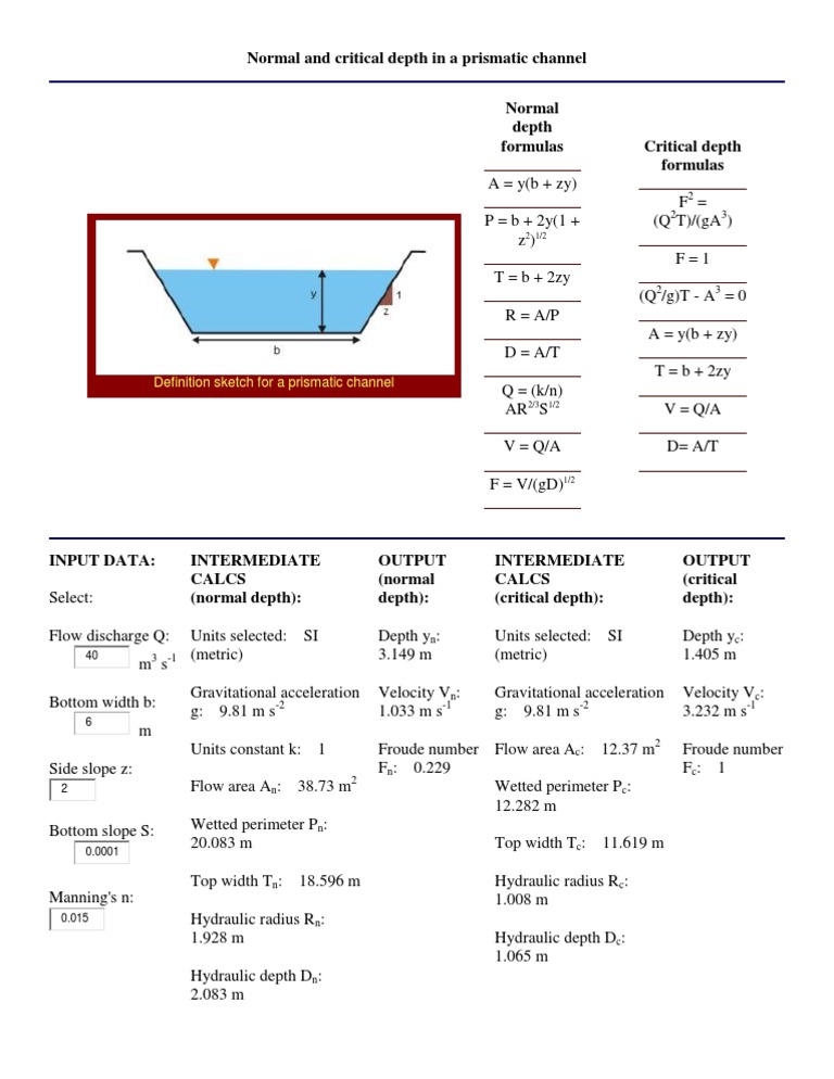 Normal and Critical Depth in A Prismatic Channel | PDF
