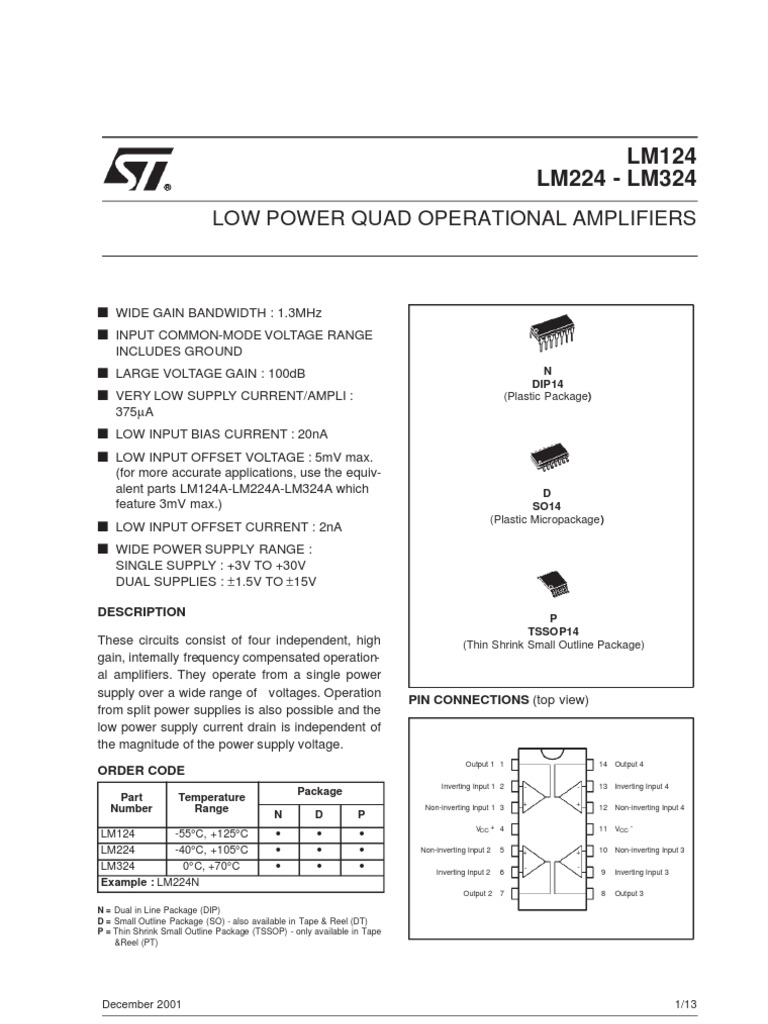Low Power Quad Operational Amplifiers: LM124 LM224 - LM324 | PDF | Operational Amplifier | Amplifier