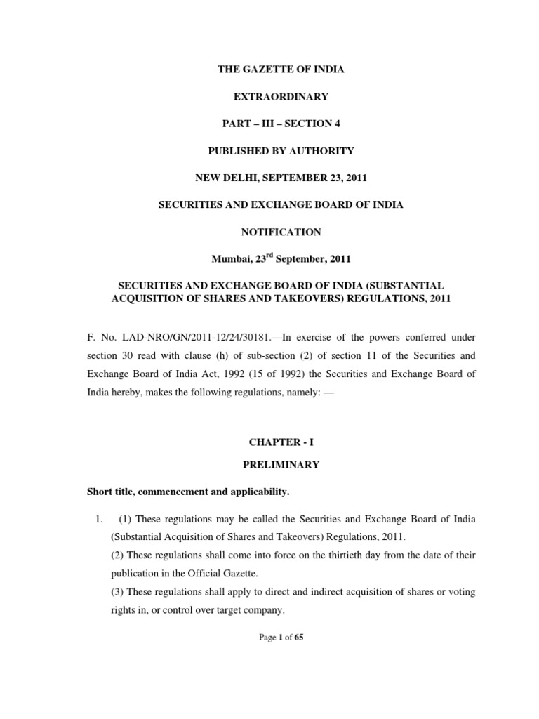 SEBI - Takeover Guidelines | PDF