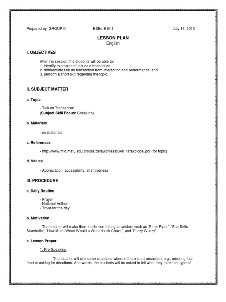 Lesson Plan - Talk As Transaction (Lesson Plan) | PDF