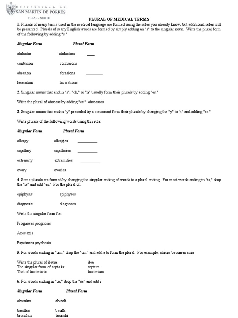 Medical Terms: Singular and Plural Forms | PDF | Plural | Linguistic ...
