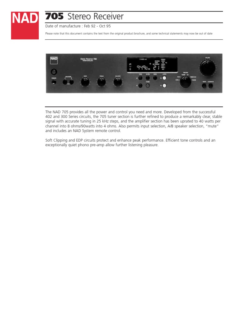NAD 705 Stereo Receiver Overview | PDF | Amplifier | Distortion