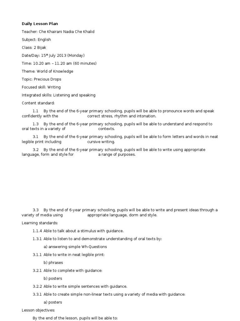 English Year 2 Lesson Plan | PDF | Lesson Plan | English Language