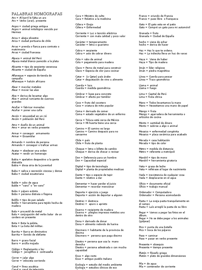 Ejemplos de Palabras Homógrafas | PDF | Herramientas | Vino