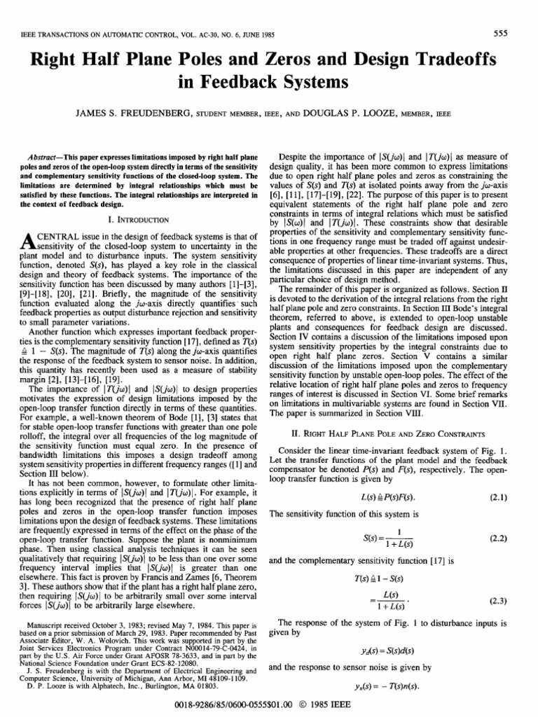 Right Half Plane Limitations on Sensitivity Functions | PDF ...