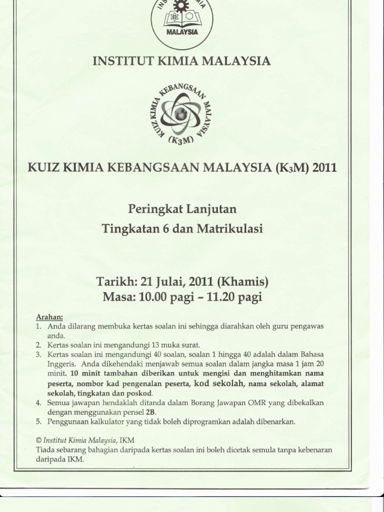 Kuiz Kimia Kebangsaan Malaysia 2011 | PDF
