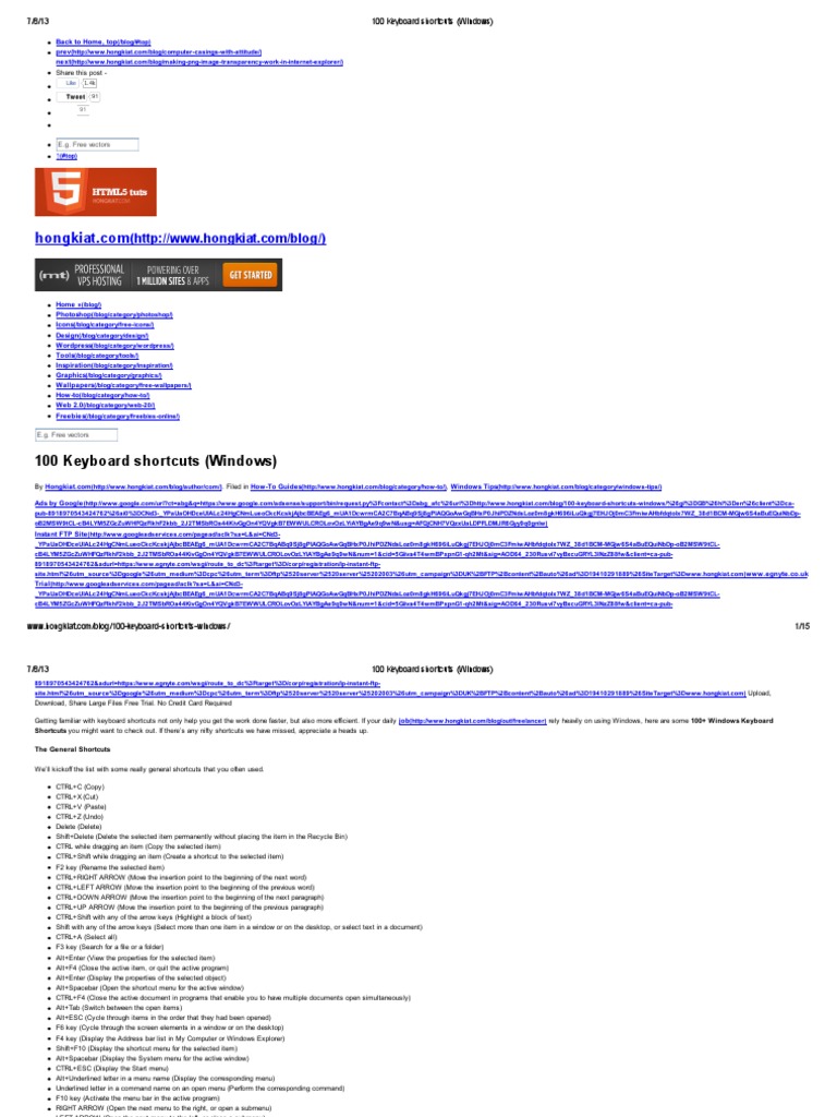 100 Keyboard Shortcuts (Windows) | PDF | Computer Keyboard | Command ...