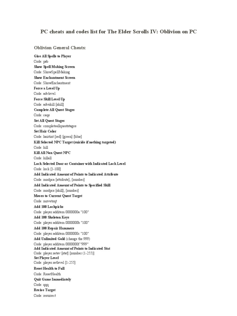 PC Cheats and Codes List For The Elder Scrolls IV | PDF