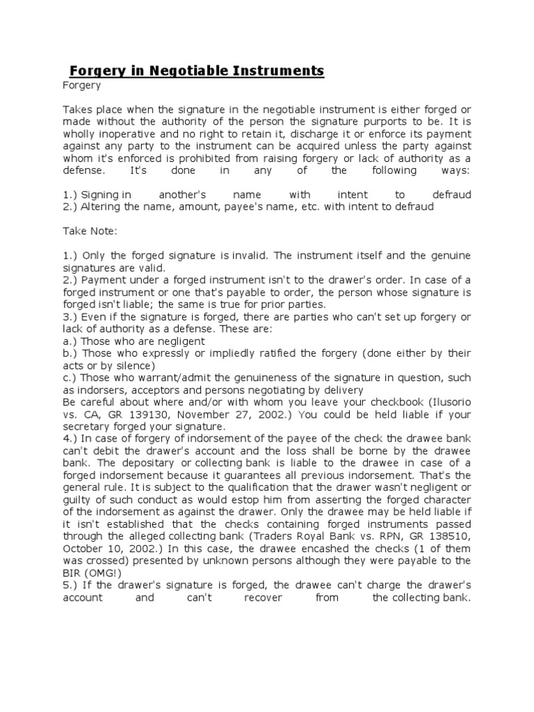 Forgery in Negotiable Instruments | PDF | Negotiable Instrument | Cheque
