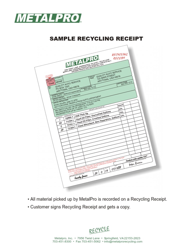 Metalpro: Sample Recycling Receipt | PDF