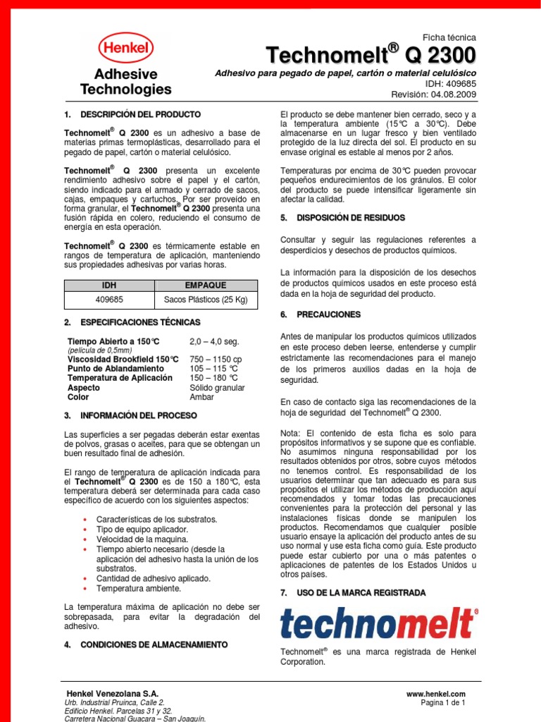 Ficha Técnica Technomelt® Q 2300 (Español) | PDF | Papel | Residuos