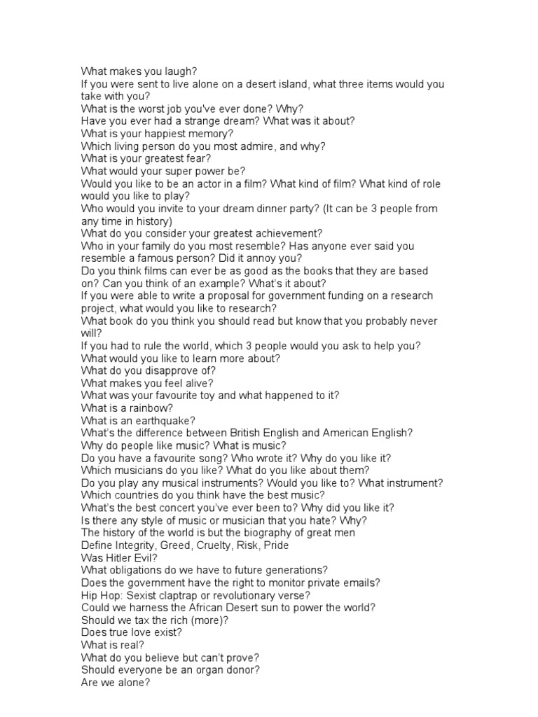 Discussion Questions For Advanced EFL Students | PDF | English As A ...