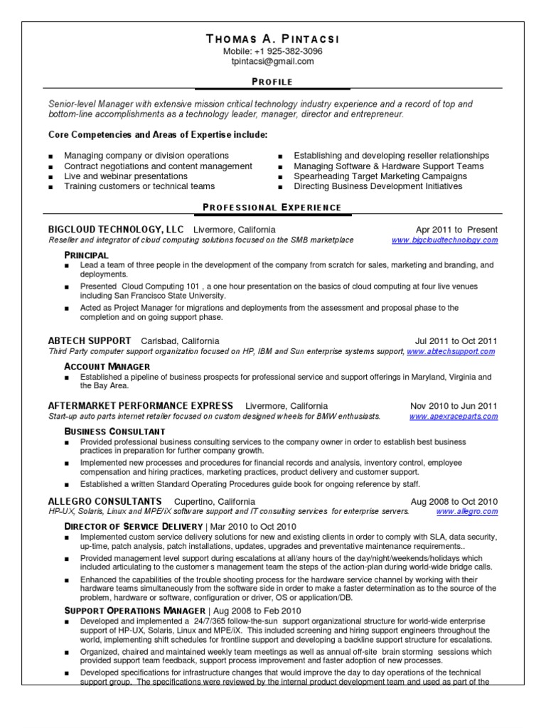 Resume for MSP- Thomas Pintacsi | Hewlett Packard | Business